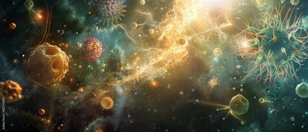 A surreal and imaginative representation of various bacteria and ...