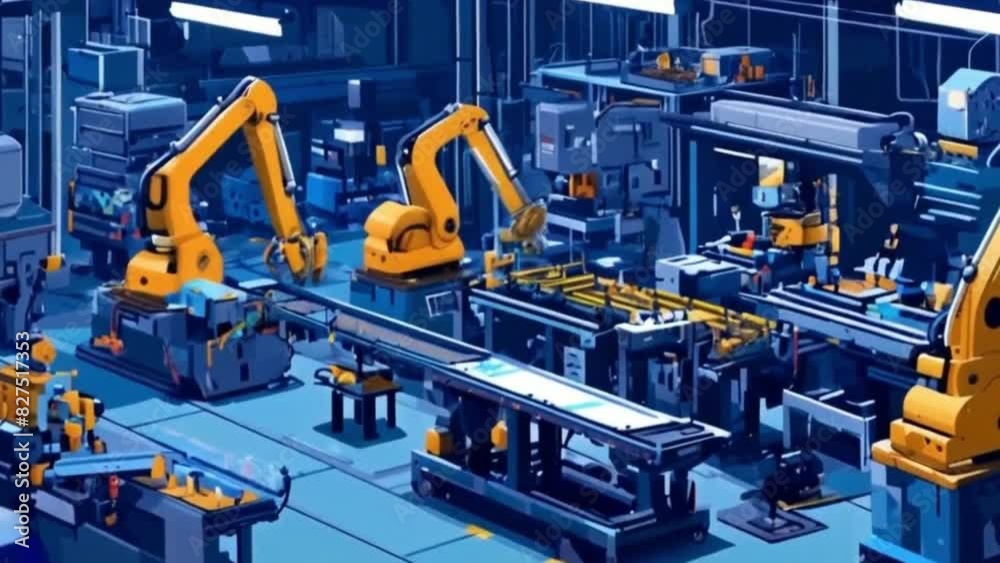 An animation showing a factory where robots are being assembled, with ...