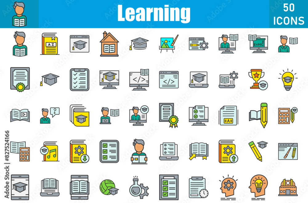 Set of 50 Learning line filled icons set. Workshop outline icons with ...