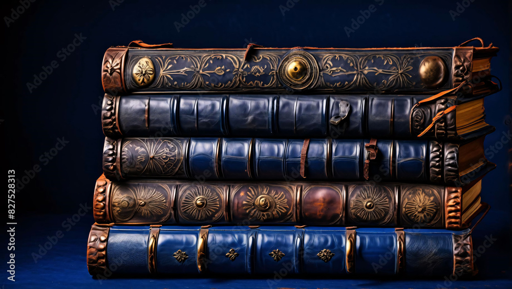Stack of antique books with leather bindings on a royal blue background ...