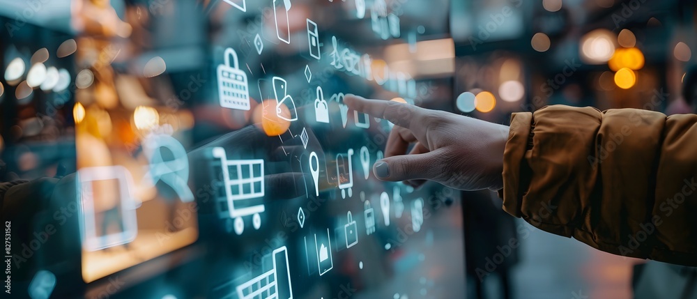 Hand touching digital shopping cart icon on virtual screen, depicting ...