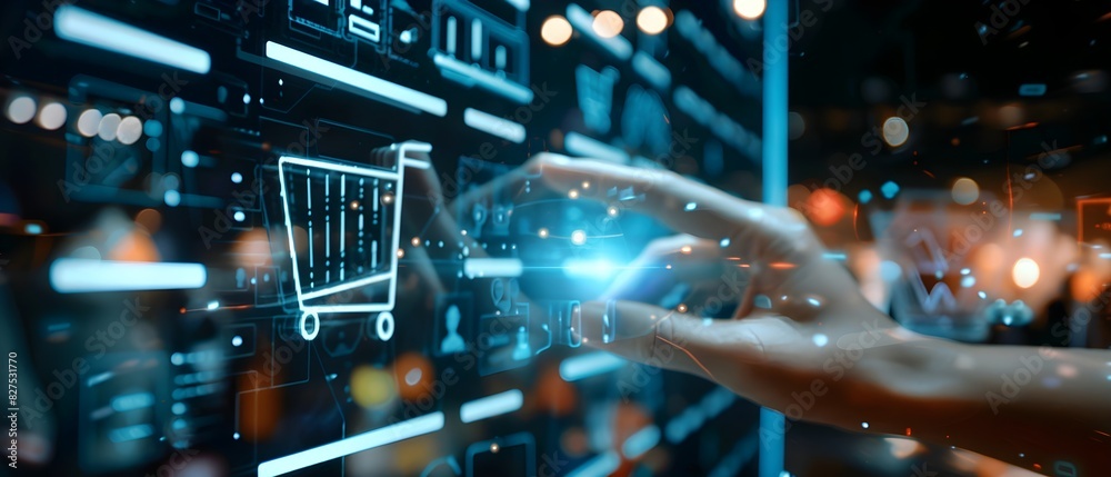 Hand touching digital shopping cart icon on virtual screen, depicting ...