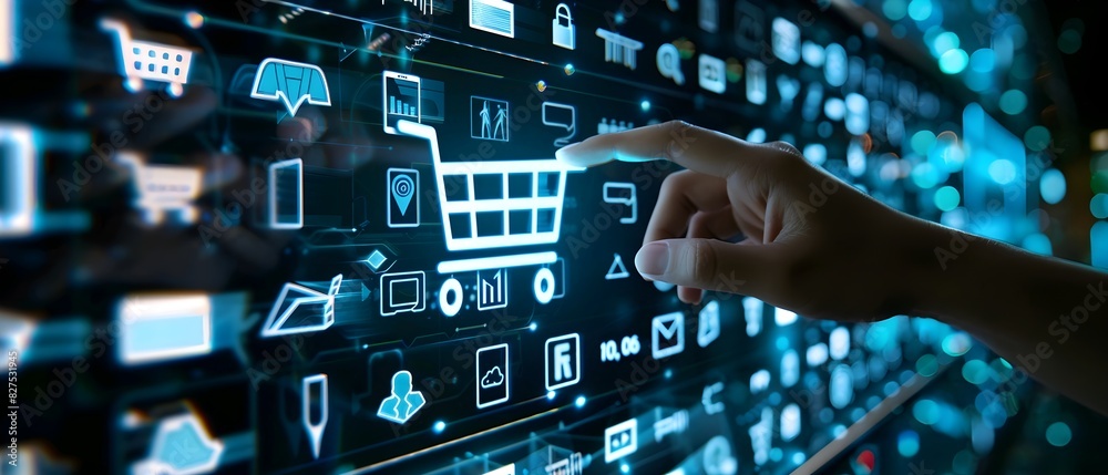 Hand touching digital shopping cart icon on virtual screen, depicting ...