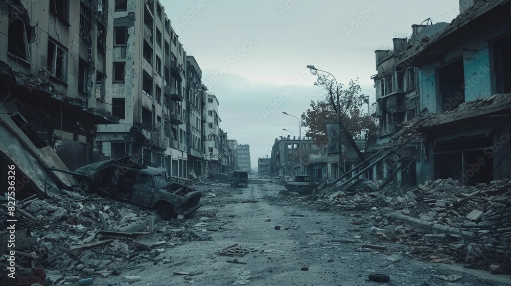 empty street of burnt up city apocalyptic view of city downtown as ...