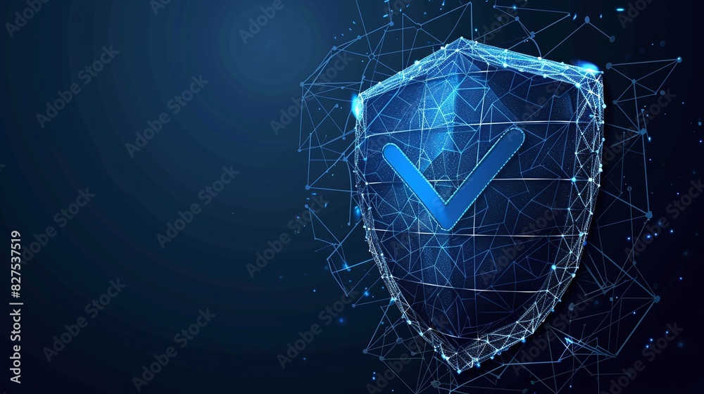 Visualizing a secure cybersecurity symbol: A dark blue wireframe shield adorned with a checkmark ...