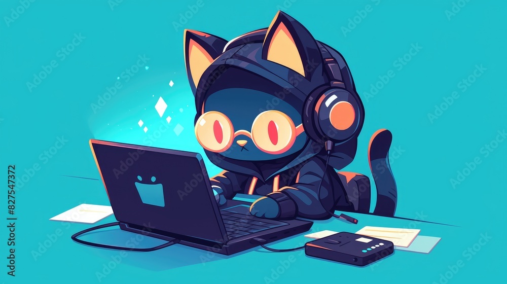 Illustration of a charming cat hacker working on a laptop in a cartoon ...