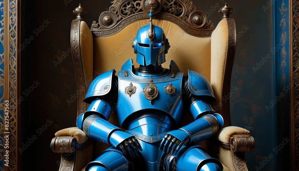 A blue robot knight sits regally on an ornate throne, blending ...