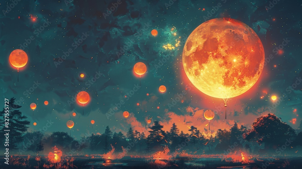 Portray a balloon field at night, with the balloons illuminated by the ...