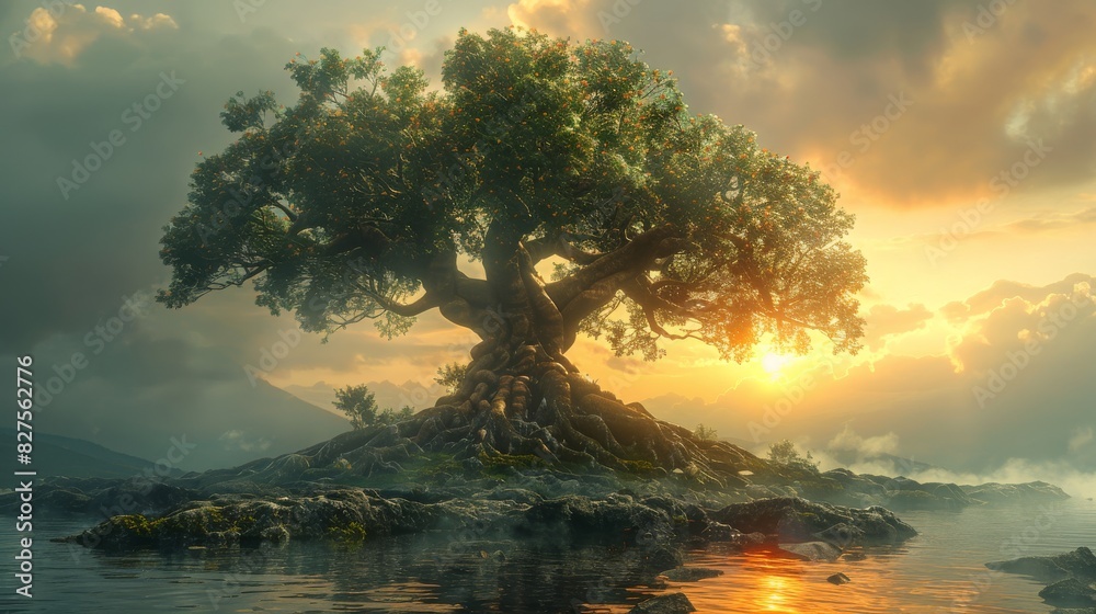 Artistic representation of an ancient tree with sprawling roots ...