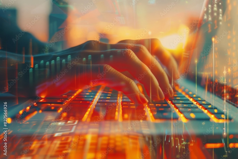 Hands coding on keyboard, close up, intense focus, Double exposure ...