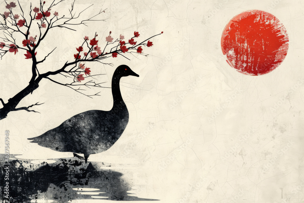 Beautiful Japanese ink painting of a goose, red sun, and cherry blossom ...