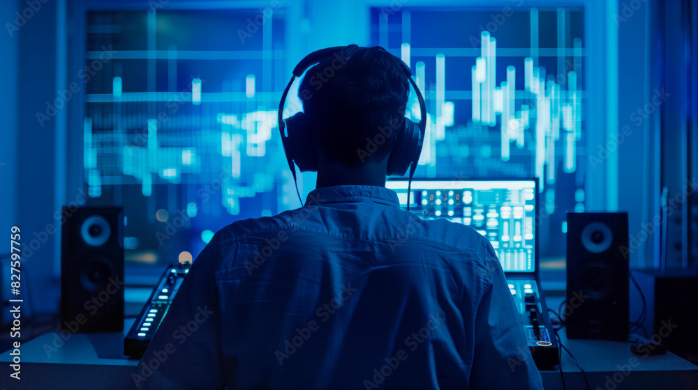 DJ in a dimly lit booth, headphones on, bathed in the cool blue glow of ...
