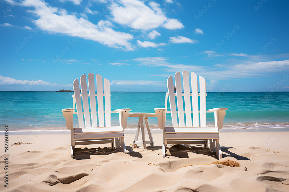 Landscape Front of white wood chairs at beach with sea and blue sky and ...