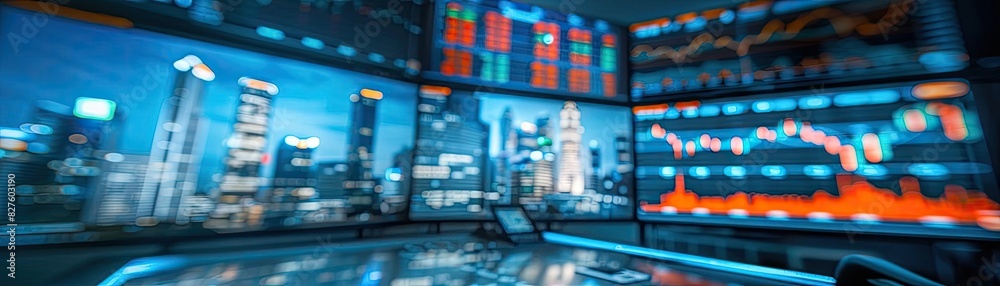 A futuristic trading room with multiple monitors displaying financial data, charts, and the ...