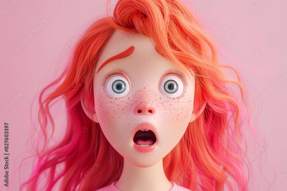 surprised cartoon redhaired girl with wide eyes and open mouth 3d ...