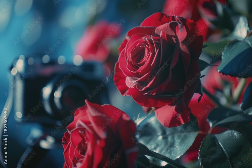 A close up of three red roses with a camera in the background. The ...