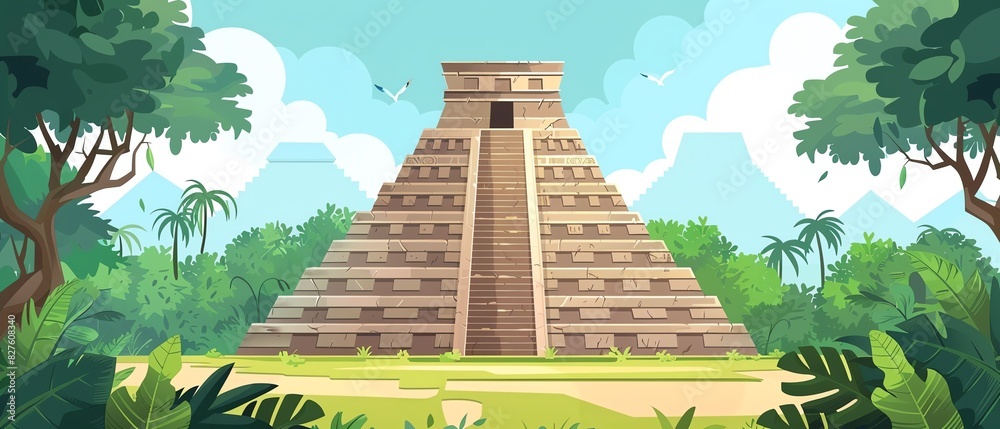 Aztec pyramid in lush jungle setting flat design front view ancient ...