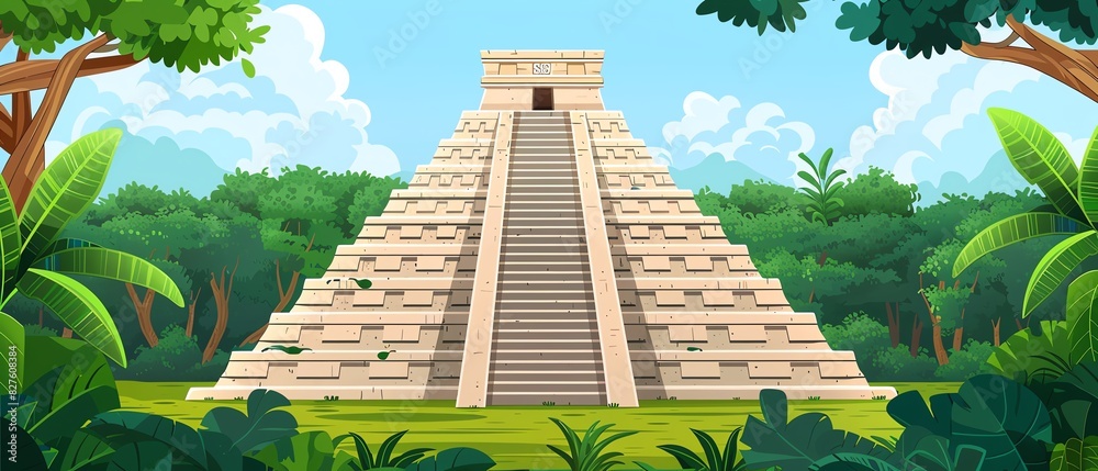 Aztec pyramid in lush jungle setting flat design front view ancient ...