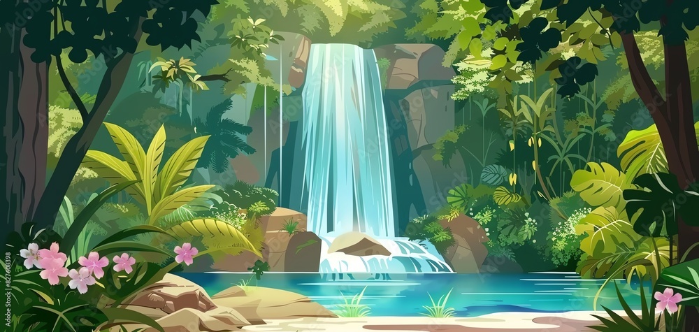 Lush tropical rainforest with a waterfall flat design front view nature ...