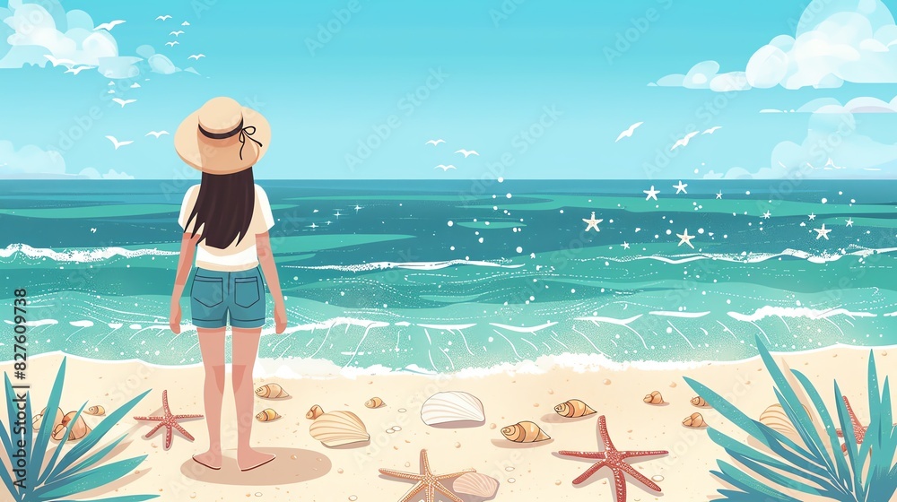 Traveler collecting seashells on a beach flat design front view natural ...