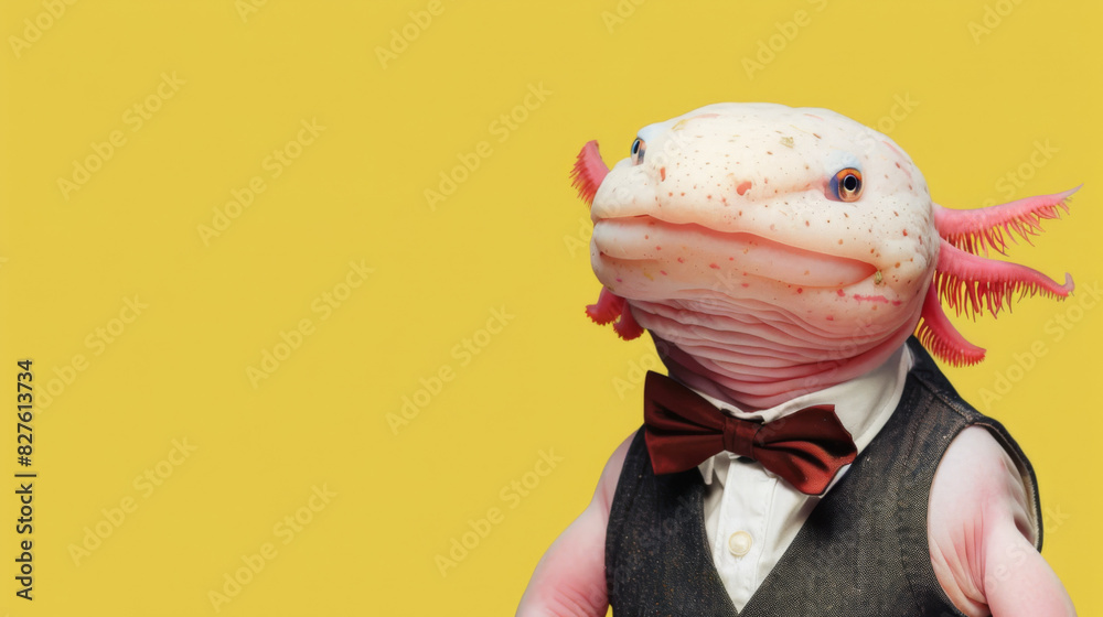 A fun and unique image of an axolotl dressed in formal attire with a ...