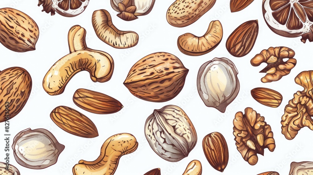 A drawing of nuts and seeds with a white background. The nuts and seeds ...