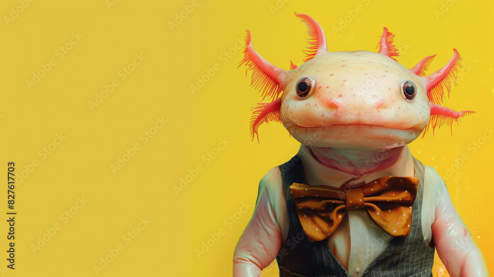 Charming axolotl dressed in a dapper suit and bow tie against a vibrant ...