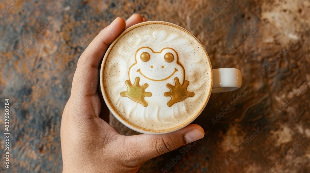 Hand holding a latte with a foam drawing of a happy frog and lily pad ...