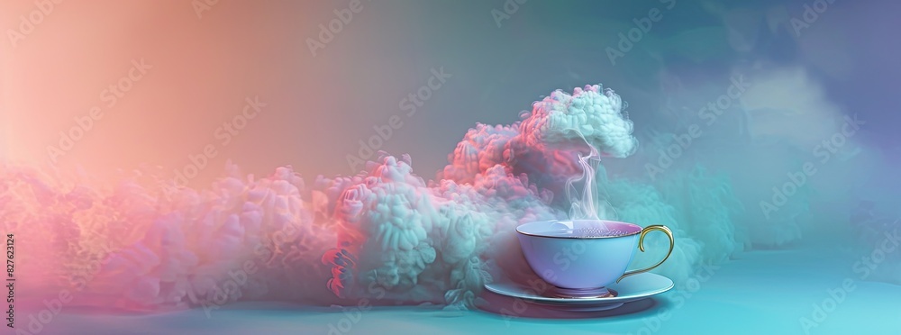 Cloud overflowing from tea cup, serene colors, side view, gentle ...