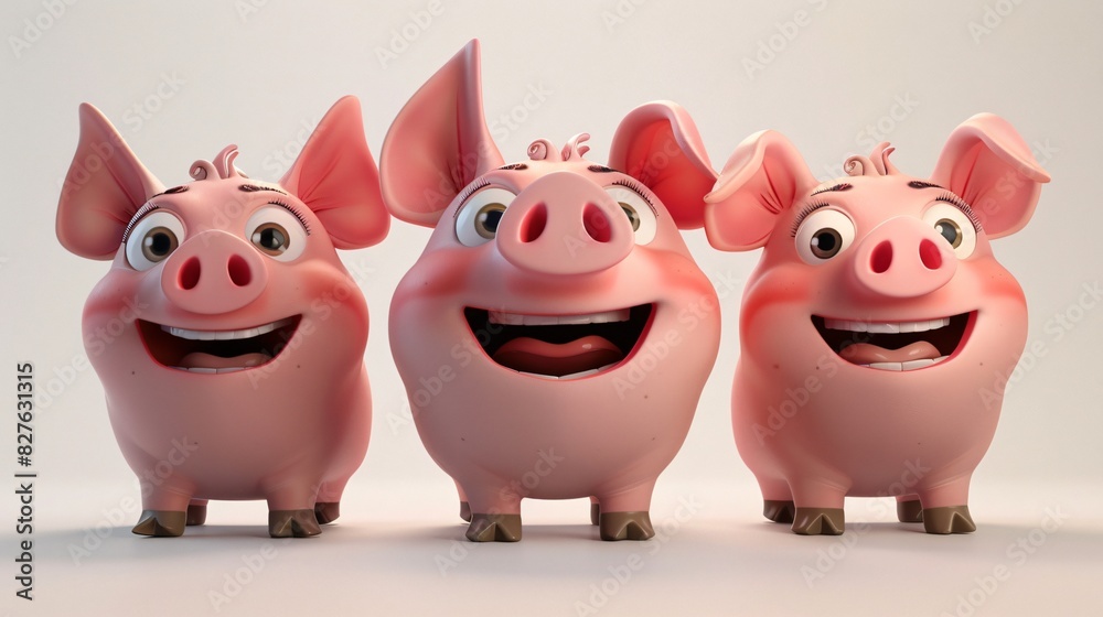 image of three cartoon pigs standing in a row. They are all pink and ...