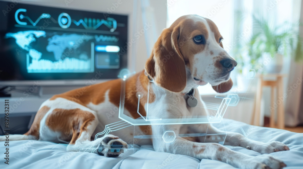 A beagle lying on a bed with futuristic health monitoring technology ...