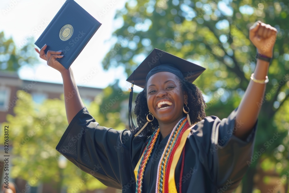 Black woman graduates with certificate, university photo and ...