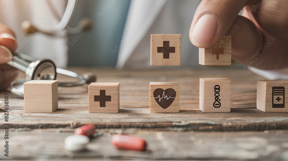 Expertly arranged wooden blocks, each bearing a distinctive medical ...