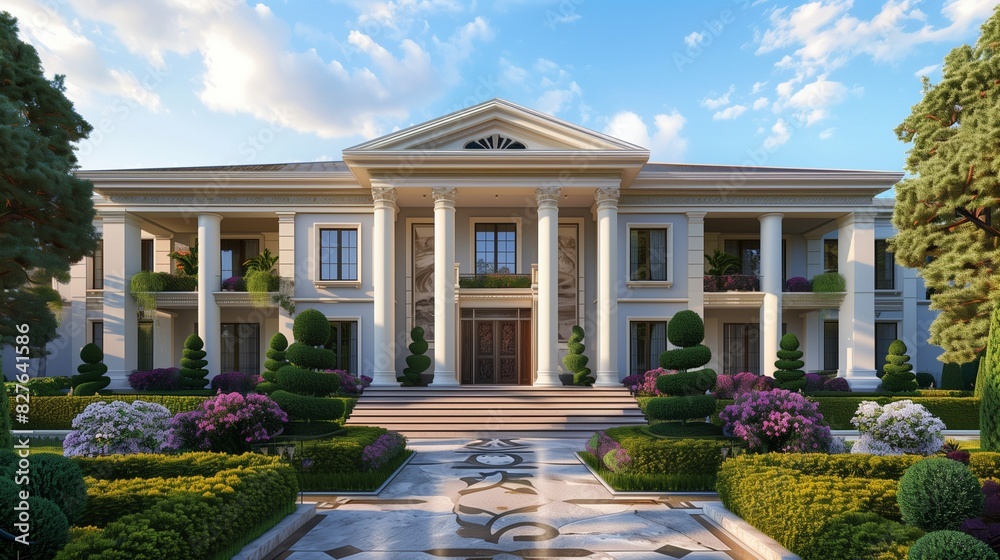 A beautiful suburban house with a neo-classical design, tall columns, a ...