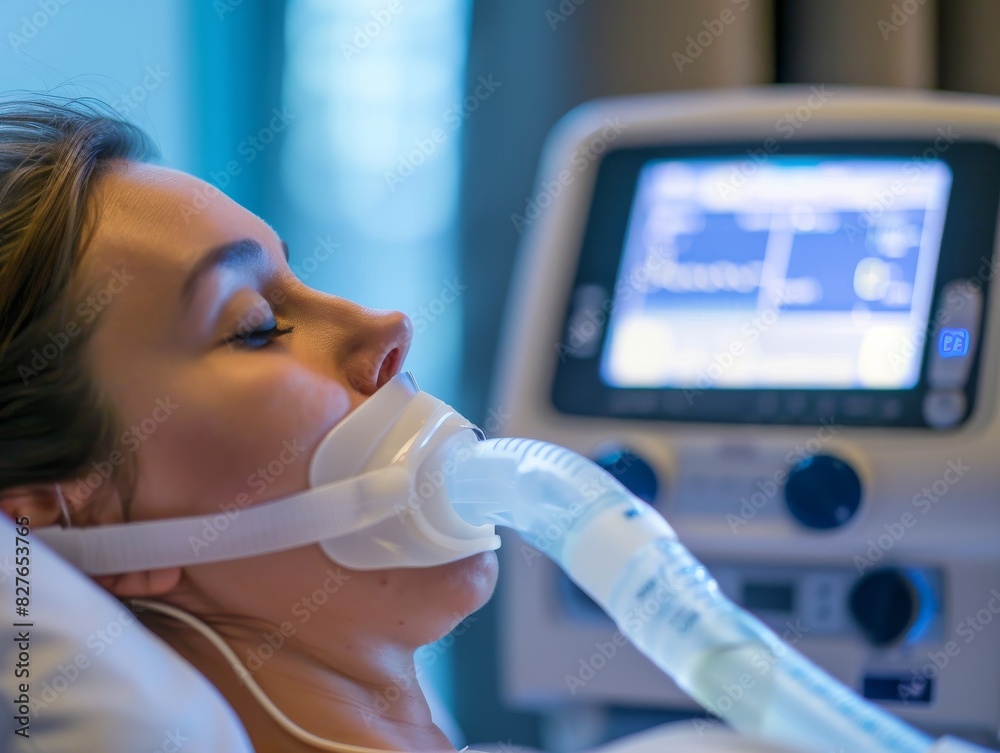 Patient breathing into a peak flow monitor to measure air flowing out ...