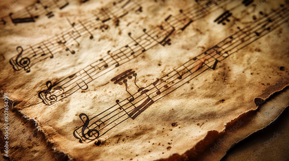 Old, weathered sheet of music paper with handwritten notes, showing ...