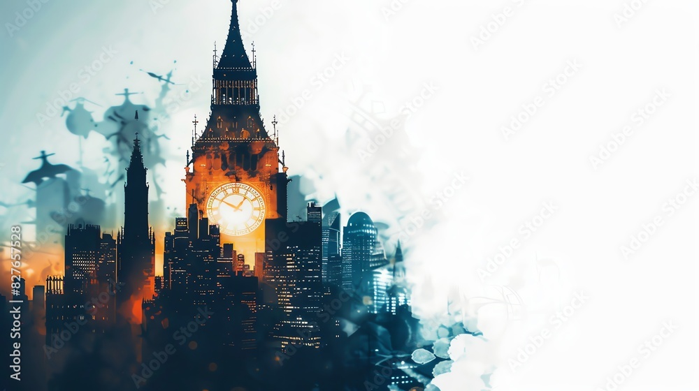 Floating clock tower on air, isolated on white background close up ...