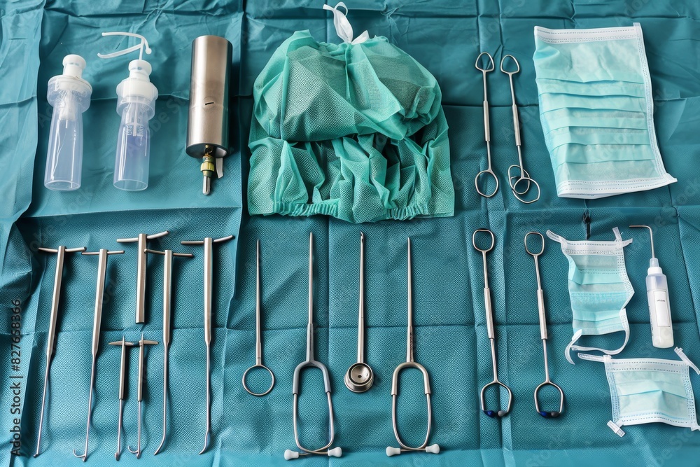 Set of vintage surgical instruments laid out on a rustic surface ...