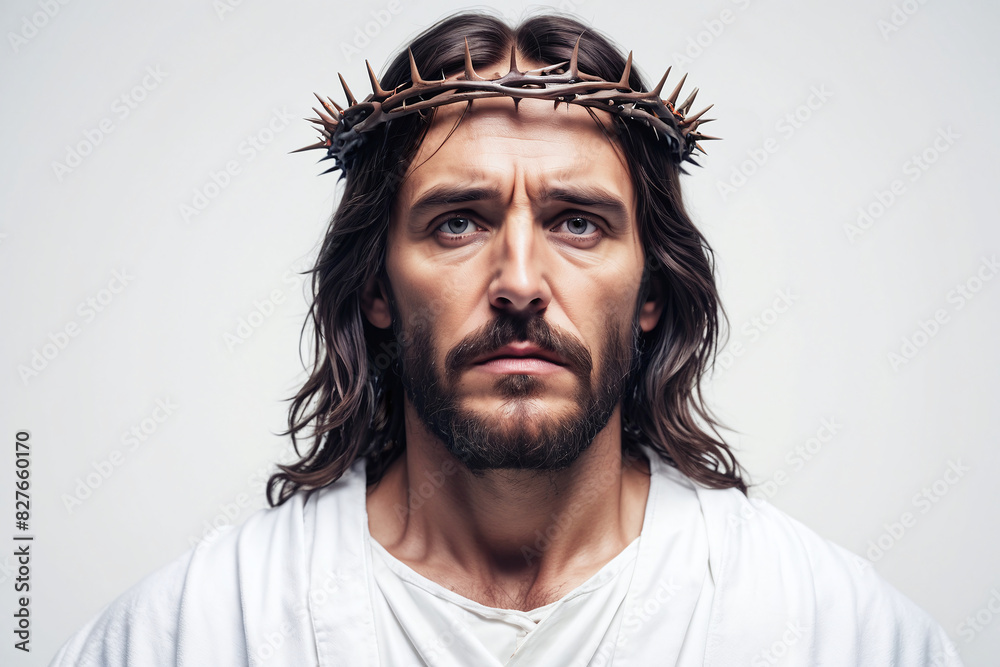 Portrait of Jesus Christ, wearing a crown of thorns, sad and sorrowful ...