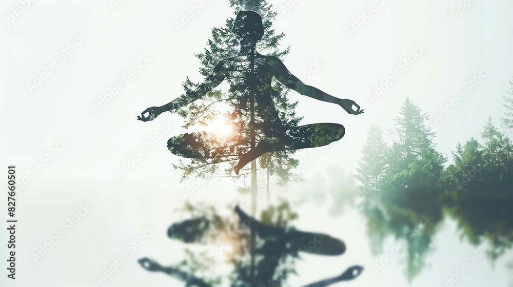 Floating person in tree pose on air, isolated on white background close ...