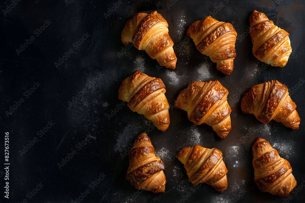 Creative food template. Croissant French bread seamless row laying on ...