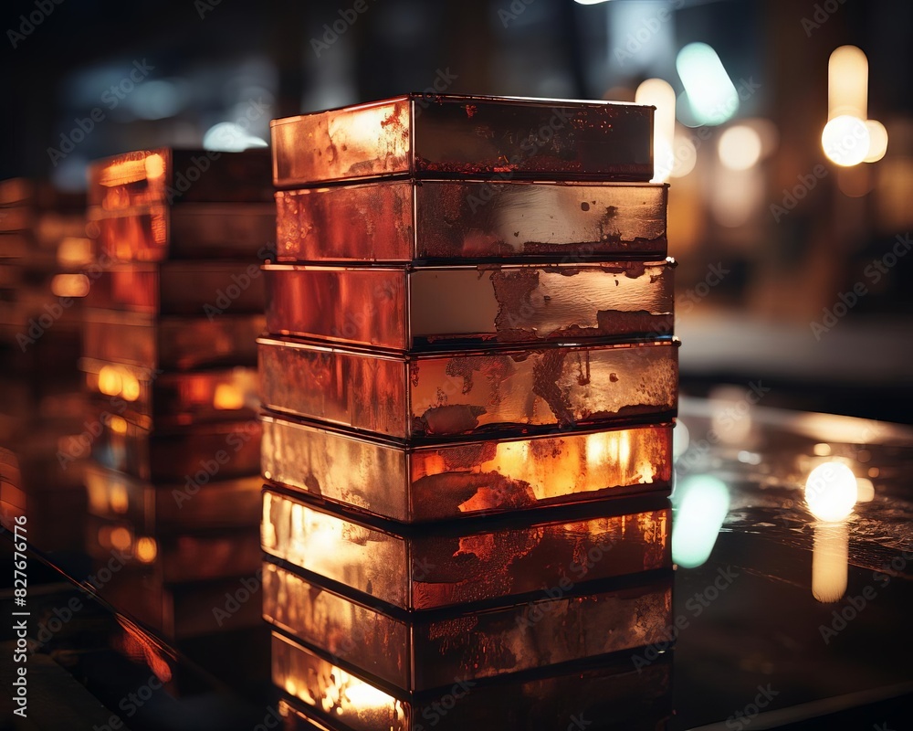 Copper ingots stacked, close up, focus on shine, rich colors, double ...