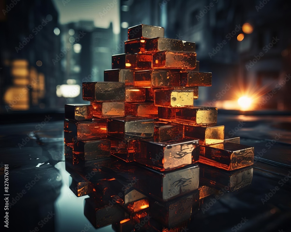 Copper ingots stacked, close up, focus on shine, rich colors, double ...