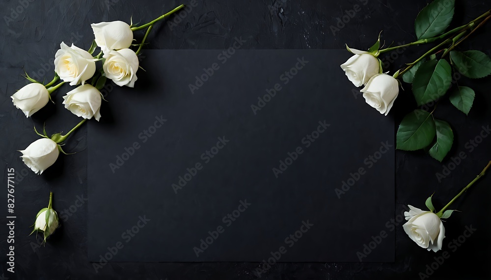 White blank condolence card, memorial card, greeting card with fresh ...