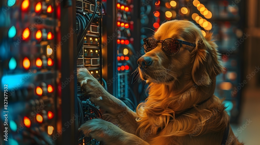 Golden Retriever Programmer Networking in a Server Room Studio Stock ...