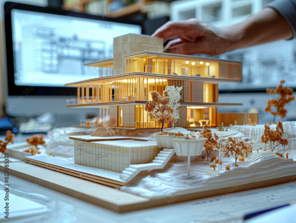 The image shows a person's hand holding a 3D printed model of a house ...