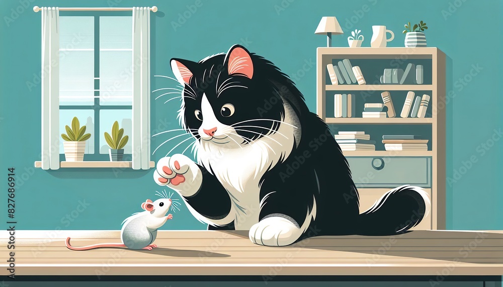 Cat and Mouse at Home - Black and White Cat with White Mouse. An ...