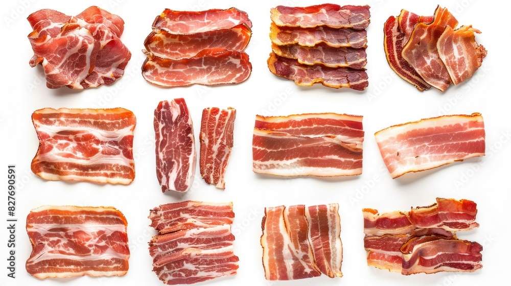 Collection of Cooked bacon rashers isolated on background white Stock ...