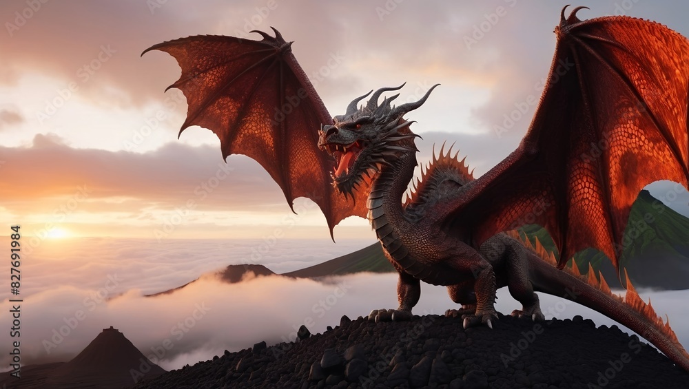 dragon in the night red dragon on a volcanic island shrouded in mist ...