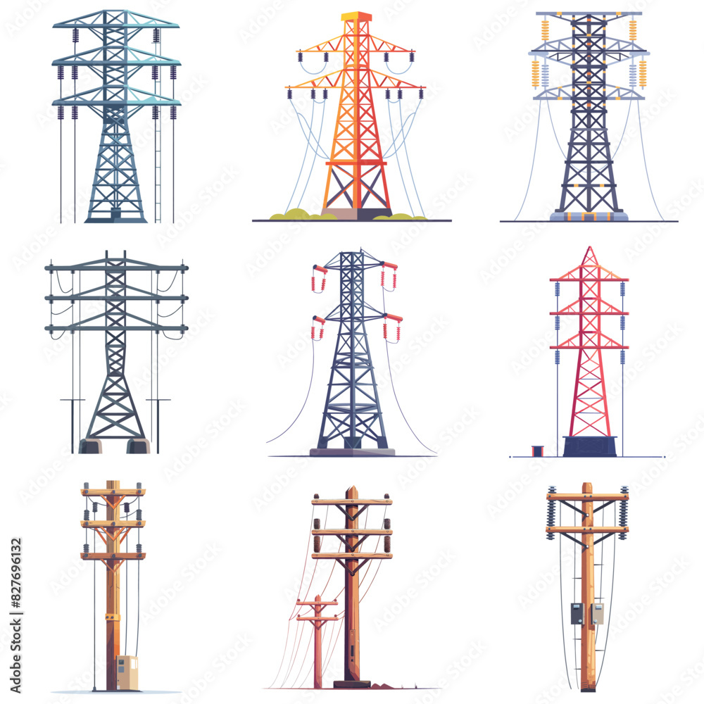 Power line pole, icon, flat illustration, cartoon, isolated on white ...